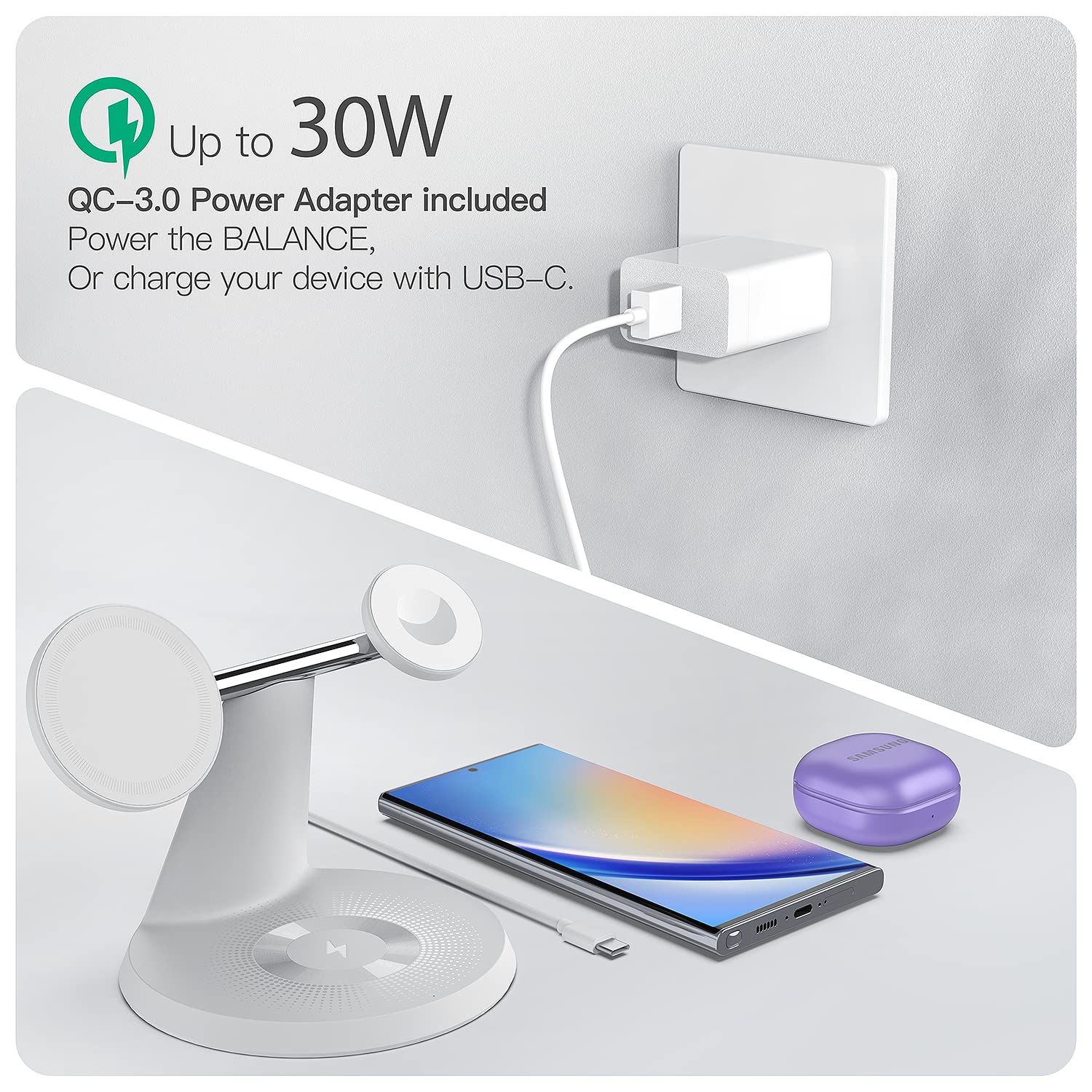 3 in 1 Charging Station for Apple Devices,Mag-Safe Charger Stand Fast Charging,Wireless Charger for iPhone 15/14/13/12 Series,Apple Watch Series 1-9/Ultra,AirPods Pro(30W USB Charger Included)