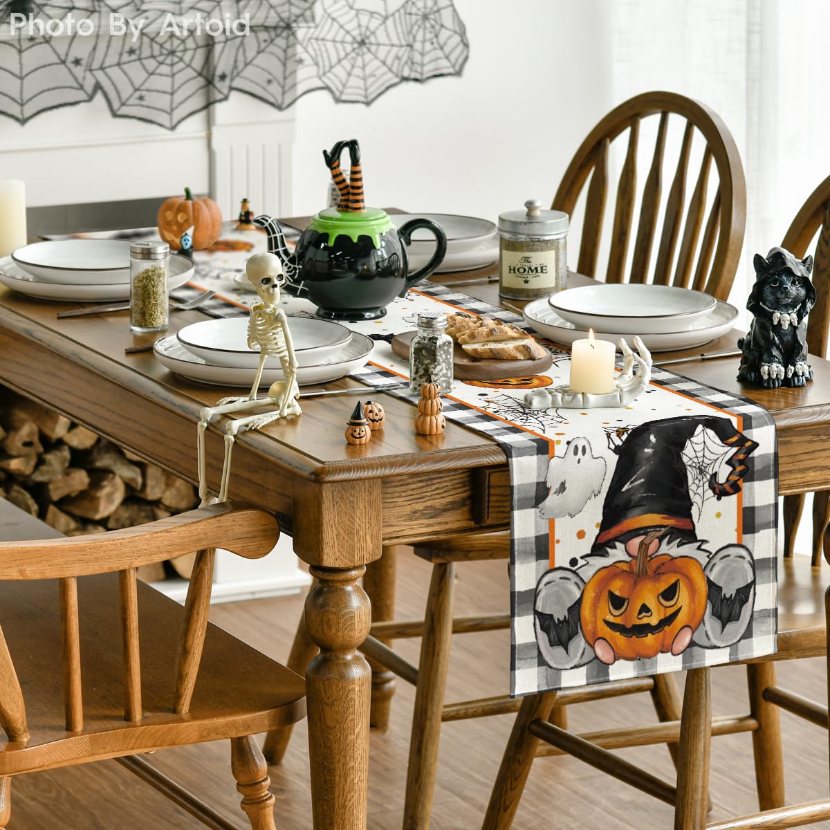 Artoid Mode Buffalo Plaid Gnome Bat Pumpkin Ghost Halloween Table Runner, Sensonal Kitchen Dining Table Decor for Home Party 13 x 72 Inch