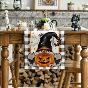 Artoid Mode Buffalo Plaid Gnome Bat Pumpkin Ghost Halloween Table Runner, Sensonal Kitchen Dining Table Decor for Home Party 13 x 72 Inch