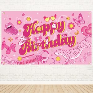 Qpout Pink Preppy Birthday Backdrop with Polyester Fabric, Hot Pink Theme, for Girls Women Party Decorations