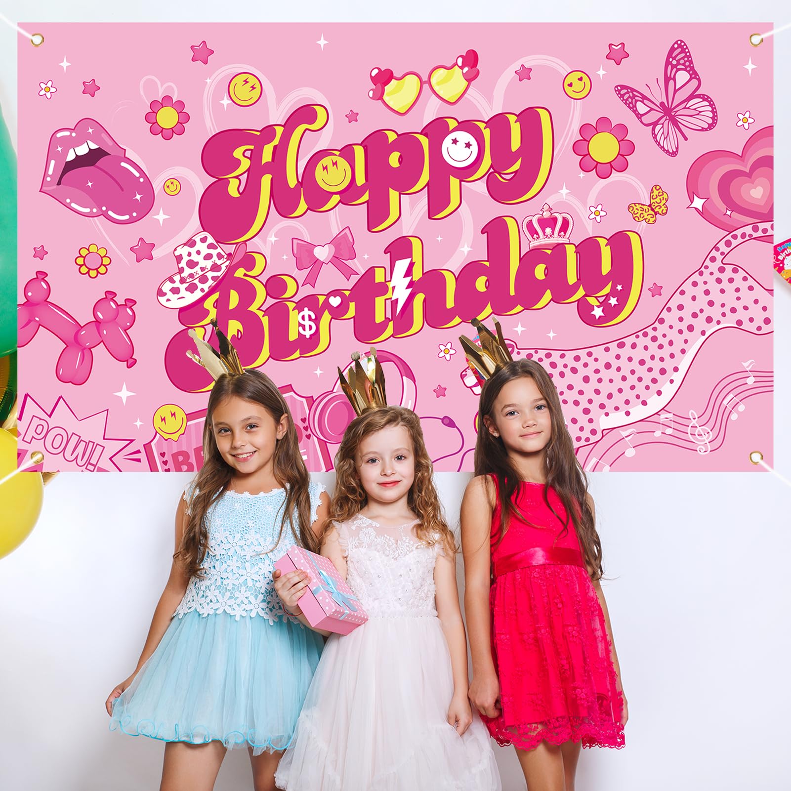 Qpout Pink Preppy Birthday Backdrop with Polyester Fabric, Hot Pink Theme, for Girls Women Party Decorations