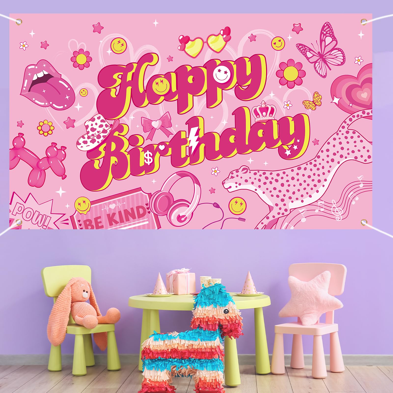 Qpout Pink Preppy Birthday Backdrop with Polyester Fabric, Hot Pink Theme, for Girls Women Party Decorations