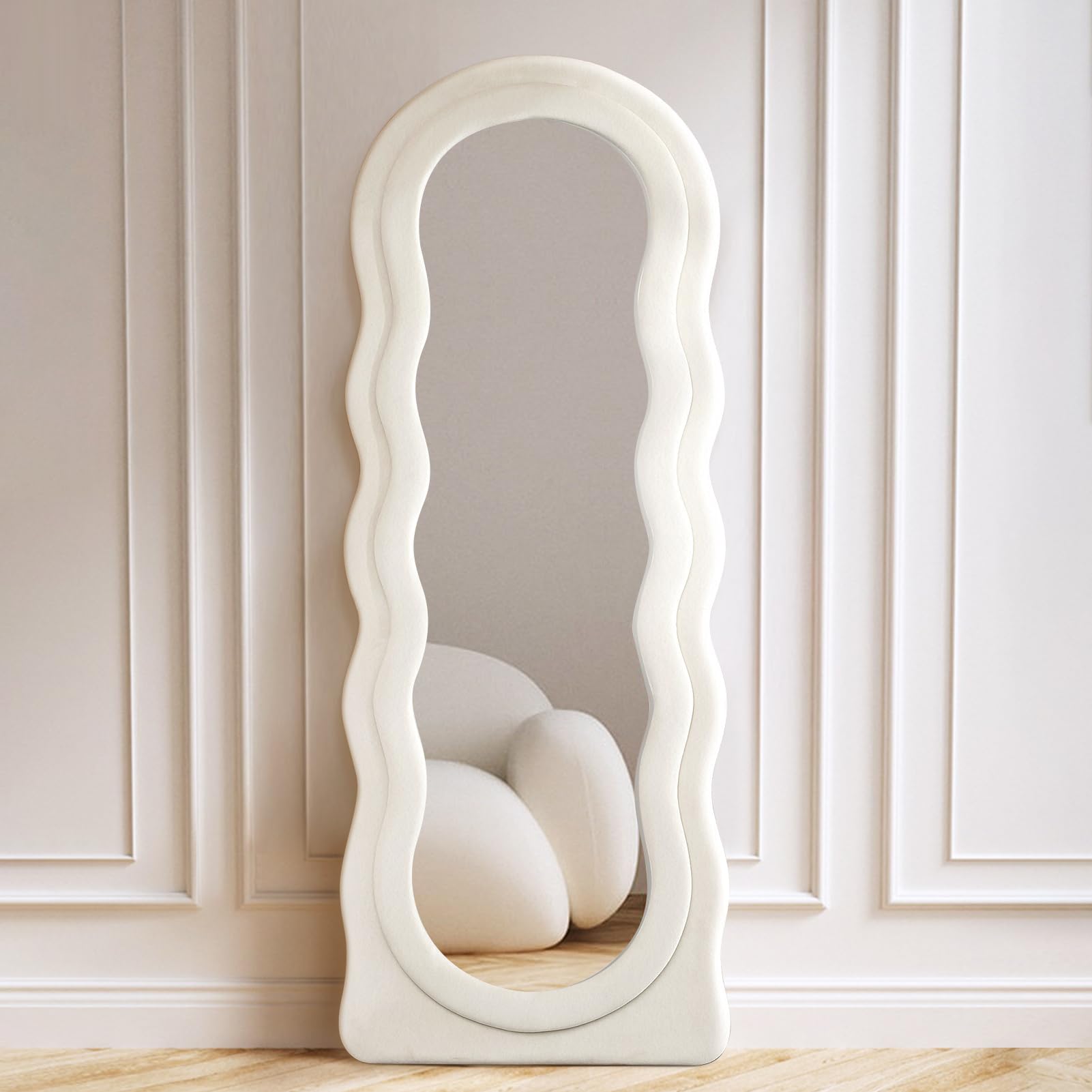 GOODONE Wavy Mirror Full Length 63"x24", Irregular Full Body Mirror, Wave Arched Floor Mirror, Wall Mirror Standing Hanging or Leaning Against Wall for Bedroom, Flannel Wrapped Wooden Frame,Beige