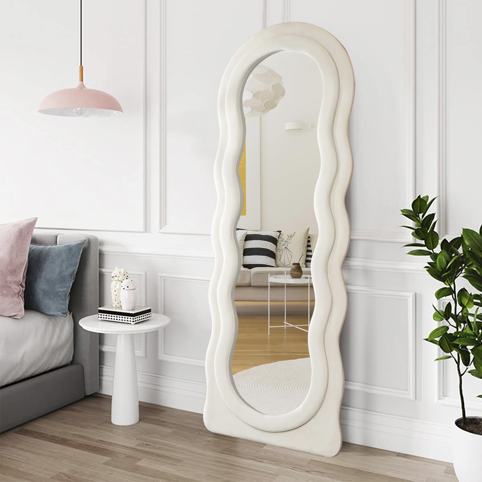 GOODONE Wavy Mirror Full Length 63"x24", Irregular Full Body Mirror, Wave Arched Floor Mirror, Wall Mirror Standing Hanging or Leaning Against Wall for Bedroom, Flannel Wrapped Wooden Frame,Beige