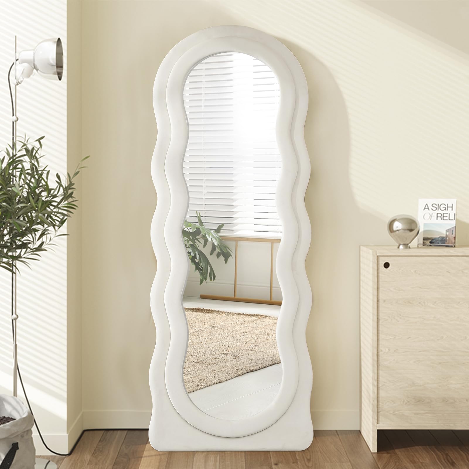 GOODONE Wavy Mirror Full Length 63"x24", Irregular Full Body Mirror, Wave Arched Floor Mirror, Wall Mirror Standing Hanging or Leaning Against Wall for Bedroom, Flannel Wrapped Wooden Frame,Beige