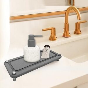 robbear kitchen bathroom sink organizer fast drying stone diatomaceous earth water absorbing sink tray for cup, soap bottle, sponge holder, rack for countertop with stainless steel feet (dark grey)