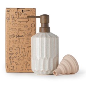 fun elements bathroom soap dispenser, 16 oz luxurious hand soap dispenser for bathroom, ceramic liquid soap dispenser for bathroom countertop with plastic pump, silicone funnel (wooden color pump)