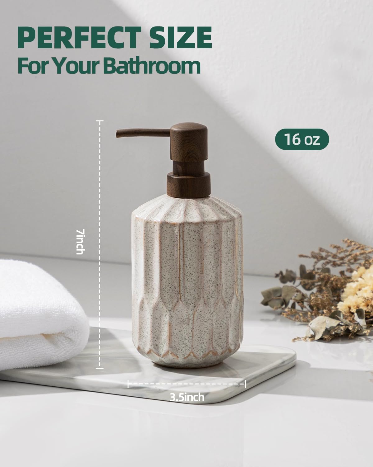 Fun Elements Bathroom Soap Dispenser, 16 Oz Luxurious Hand soap Dispenser for Bathroom, Ceramic Liquid Soap Dispenser for Bathroom Countertop with Plastic Pump, Silicone Funnel (Wooden Color Pump)