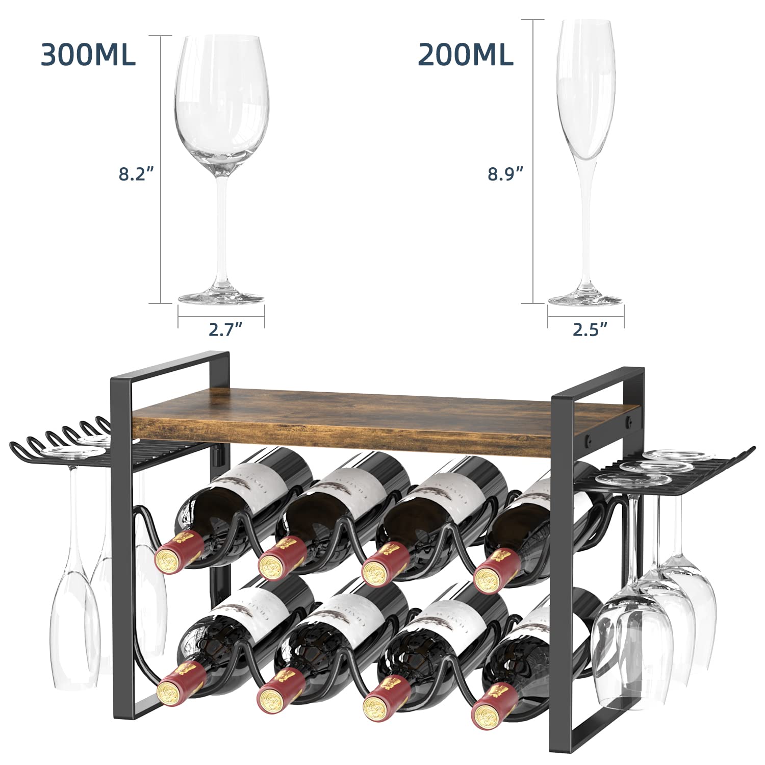 JAFUSI Wine Rack with Glass Holder, Countertop Wine Rack Metal Frame, Wine Holder Stand with Wooden Tray, Bottles Rack for Home Decor Kitchen Storage (Hold 8 Bottles and 4~6 Glasses)