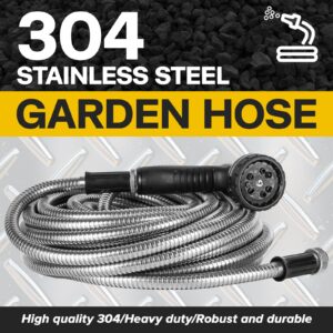 Garden Hose Water Hose 100ft 304 Metal Stainless Steel Water Pipe with 10 Function Sprayer & Metal Fittings Flexible Lightweight Hose Puncture Proof Hose for Yard, Outdoors, Rv