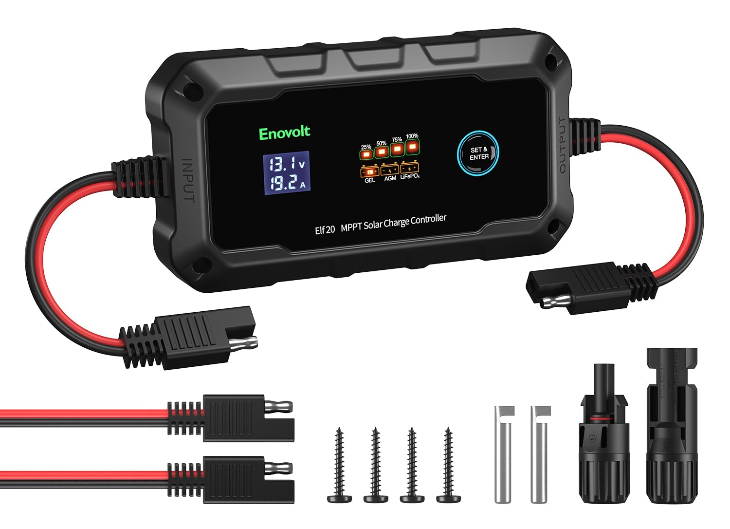 10A MPPT Solar Charge Controller 12V, Enovolt Portable Solar Panel Regulator with Solar Connector, Intelligent Digital LCD Display for Lead-Acid Batteries, Lithium, Foldable Solar Panel (ELF10)