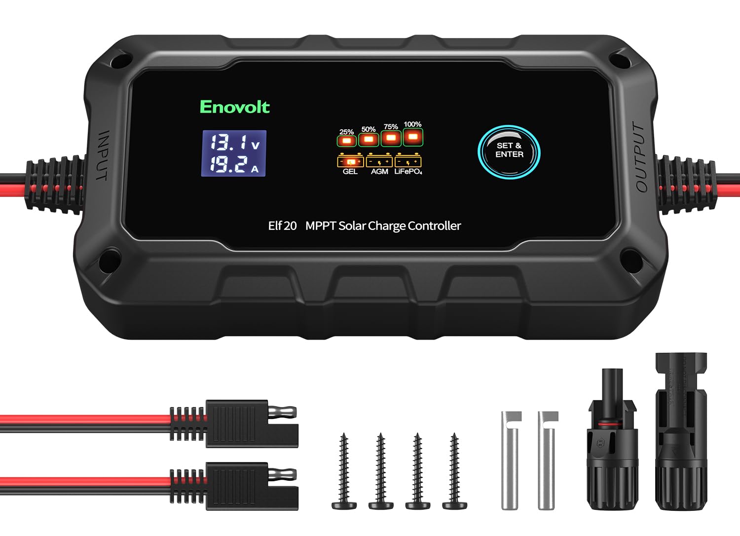 10A MPPT Solar Charge Controller 12V, Enovolt Portable Solar Panel Regulator with Solar Connector, Intelligent Digital LCD Display for Lead-Acid Batteries, Lithium, Foldable Solar Panel (ELF10)