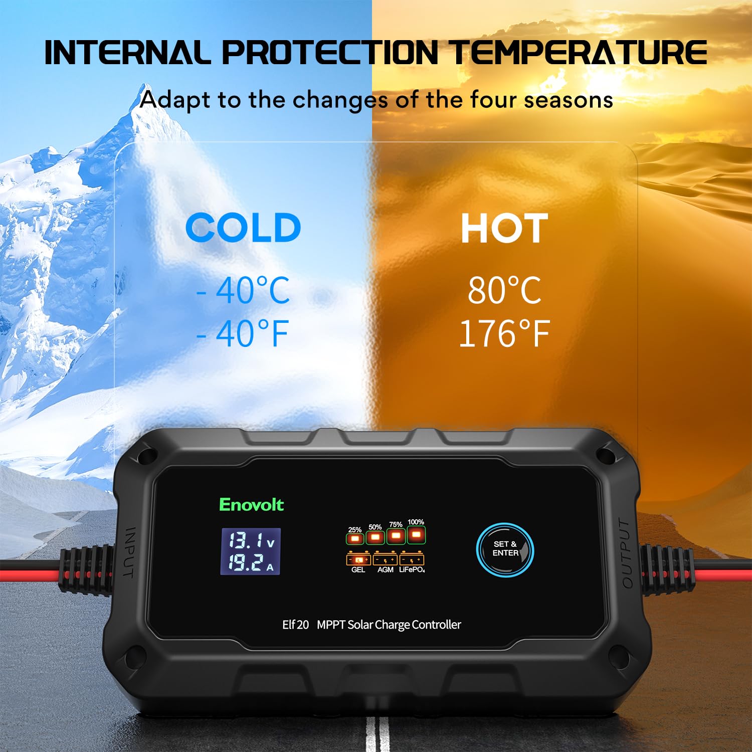 10A MPPT Solar Charge Controller 12V, Enovolt Portable Solar Panel Regulator with Solar Connector, Intelligent Digital LCD Display for Lead-Acid Batteries, Lithium, Foldable Solar Panel (ELF10)