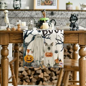 Artoid Mode Ghost Pumpkins Tree Dog Boo Halloween Table Runner, Seasonal Fall Kitchen Dining Table Decoration for Home Party Decor 13x72 Inch