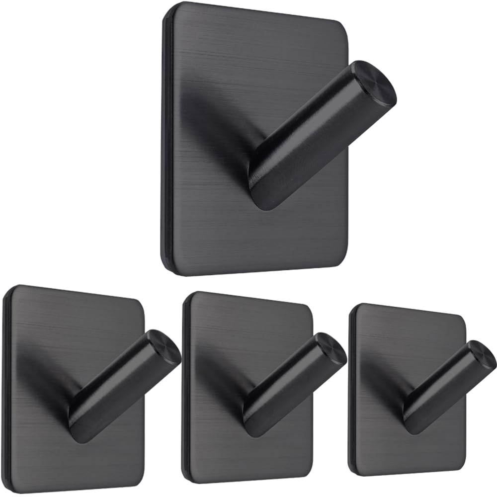 Fotosnow Adhesive Towel Hooks Heavy Duty Towel Racks Holder Stick on Shower Hooks Waterproof for Hanging Stainless Steel Black-Bathroom Kitchen 4 Packs