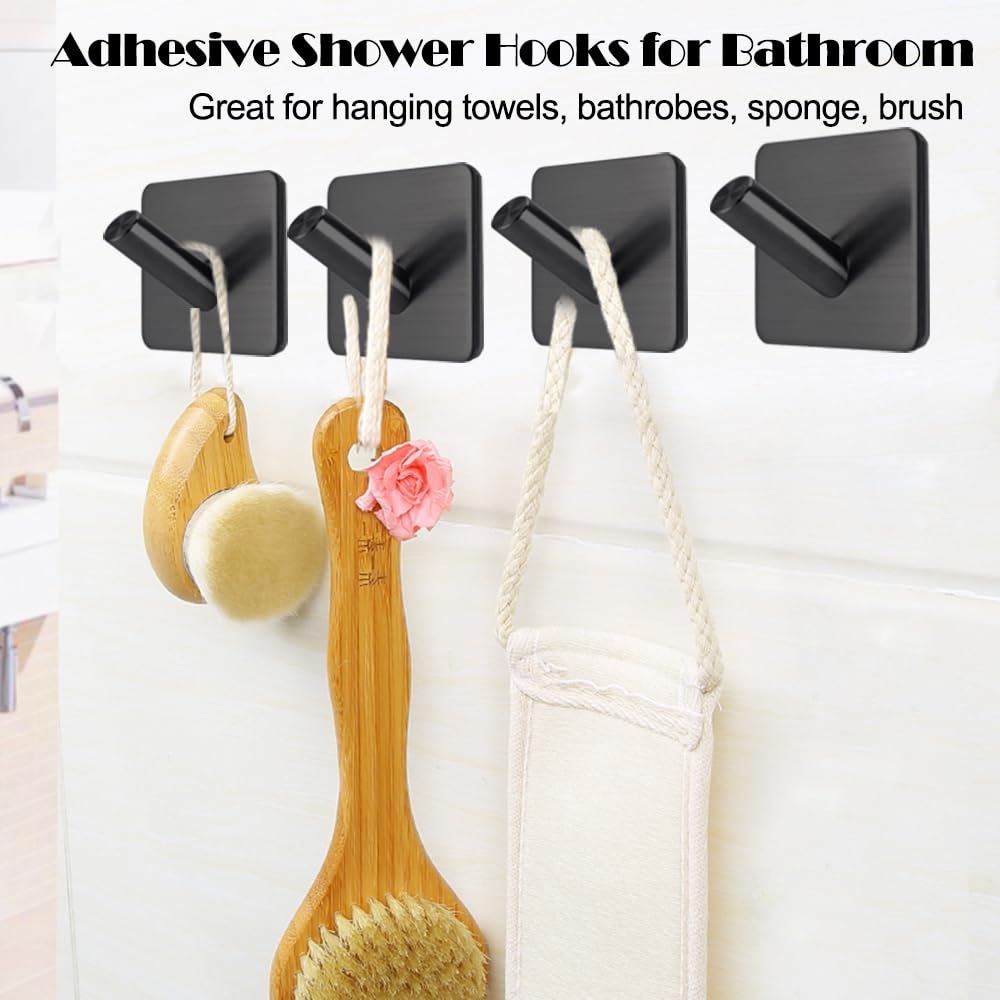 Fotosnow Adhesive Towel Hooks Heavy Duty Towel Racks Holder Stick on Shower Hooks Waterproof for Hanging Stainless Steel Black-Bathroom Kitchen 4 Packs