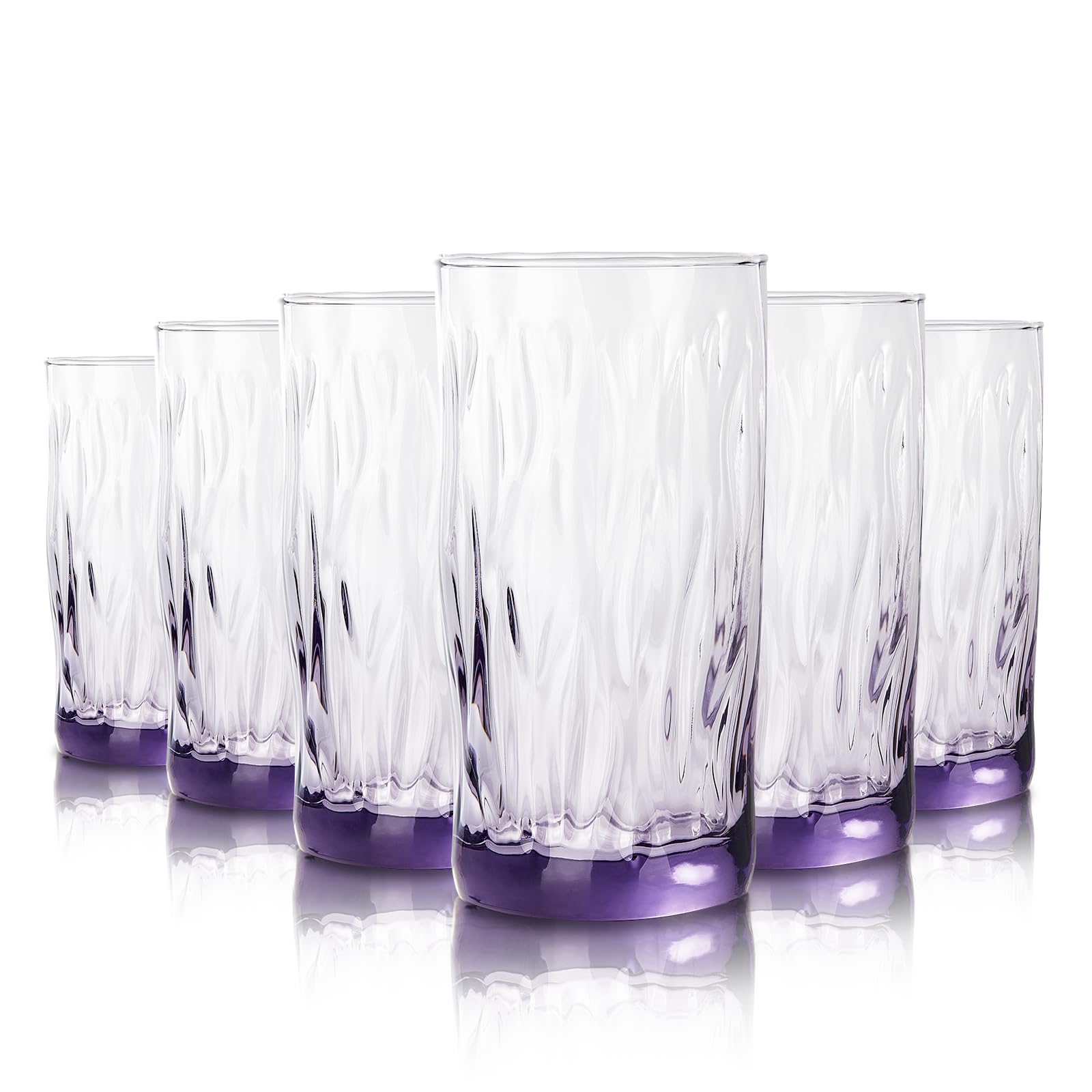 CREATIVELAND Solid Color Drinking Glasses Set of 6, 13.5 OZ Wind-blown Ripples Glass Tumbler Glassware for Water, Juice, Different Options for Home, Restaurant, Hotel, Bar,Purple