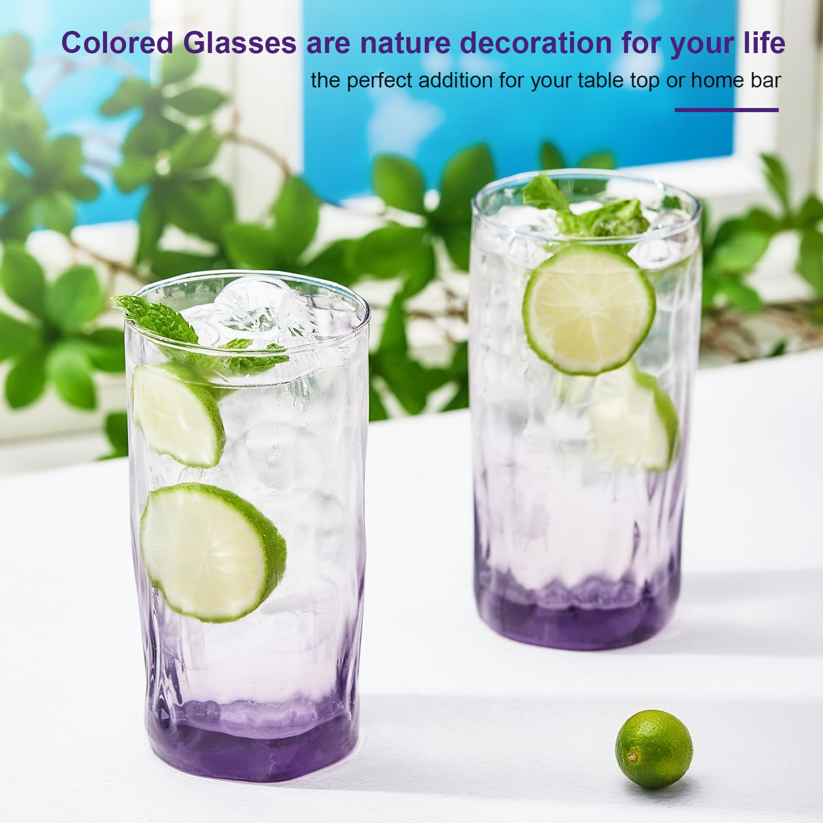 CREATIVELAND Solid Color Drinking Glasses Set of 6, 13.5 OZ Wind-blown Ripples Glass Tumbler Glassware for Water, Juice, Different Options for Home, Restaurant, Hotel, Bar,Purple