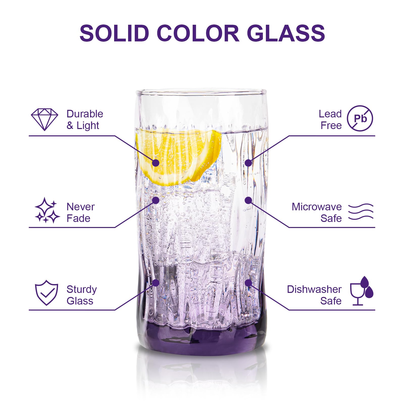 CREATIVELAND Solid Color Drinking Glasses Set of 6, 13.5 OZ Wind-blown Ripples Glass Tumbler Glassware for Water, Juice, Different Options for Home, Restaurant, Hotel, Bar,Purple