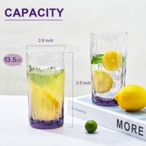 CREATIVELAND Solid Color Drinking Glasses Set of 6, 13.5 OZ Wind-blown Ripples Glass Tumbler Glassware for Water, Juice, Different Options for Home, Restaurant, Hotel, Bar,Purple