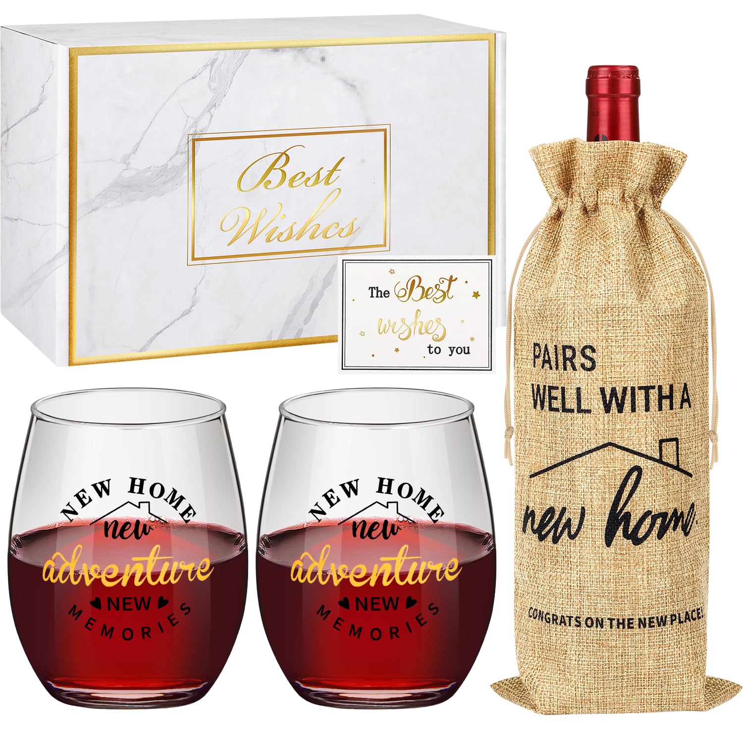 Laatuva House Warming Gifts New Home, Housewarming Gifts for New House Stemless Wine Glasses & Wine Bag Set, New Home Gift Ideas for Couple/Women/Family, First Home Gifts