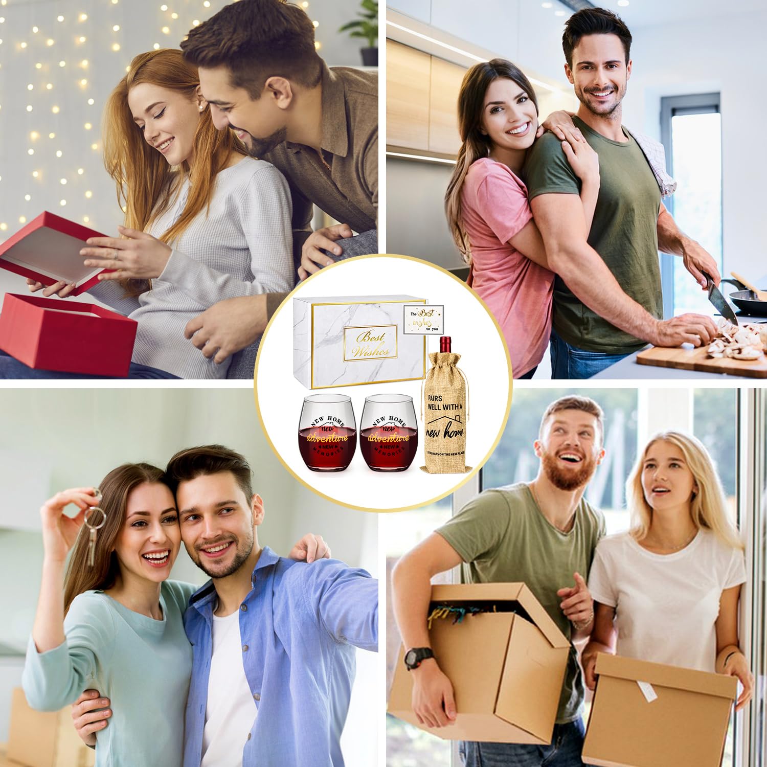 Laatuva House Warming Gifts New Home, Housewarming Gifts for New House Stemless Wine Glasses & Wine Bag Set, New Home Gift Ideas for Couple/Women/Family, First Home Gifts