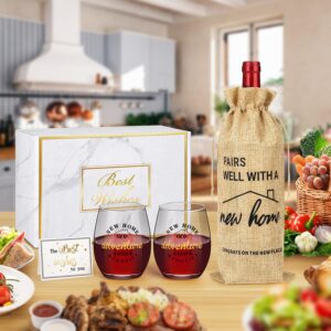 Laatuva House Warming Gifts New Home, Housewarming Gifts for New House Stemless Wine Glasses & Wine Bag Set, New Home Gift Ideas for Couple/Women/Family, First Home Gifts