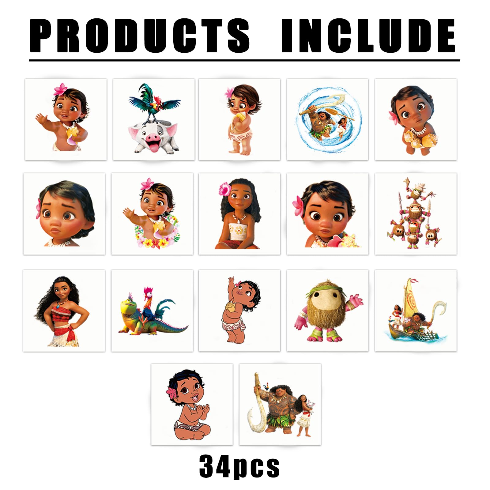 Moana Birthday Party Supplies, 34Pcs Temporary Tattoos Party Favors, Removable Skin Safe, Fake Tattoo Stickers for Goody Bag Treat Bag Stuff for Moana Birthday Party Gifts