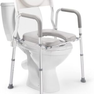 4-in-1 Raised Toilet Seat with Handles and Back, Medical Bedside Commode Chair, Adjustable Toilet Safety Frame, Shower Chair for Seniors, Elderly, Handicap, Pregnant，Collapsible Basin Included