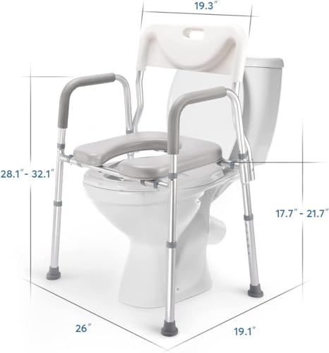 4-in-1 Raised Toilet Seat with Handles and Back, Medical Bedside Commode Chair, Adjustable Toilet Safety Frame, Shower Chair for Seniors, Elderly, Handicap, Pregnant，Collapsible Basin Included