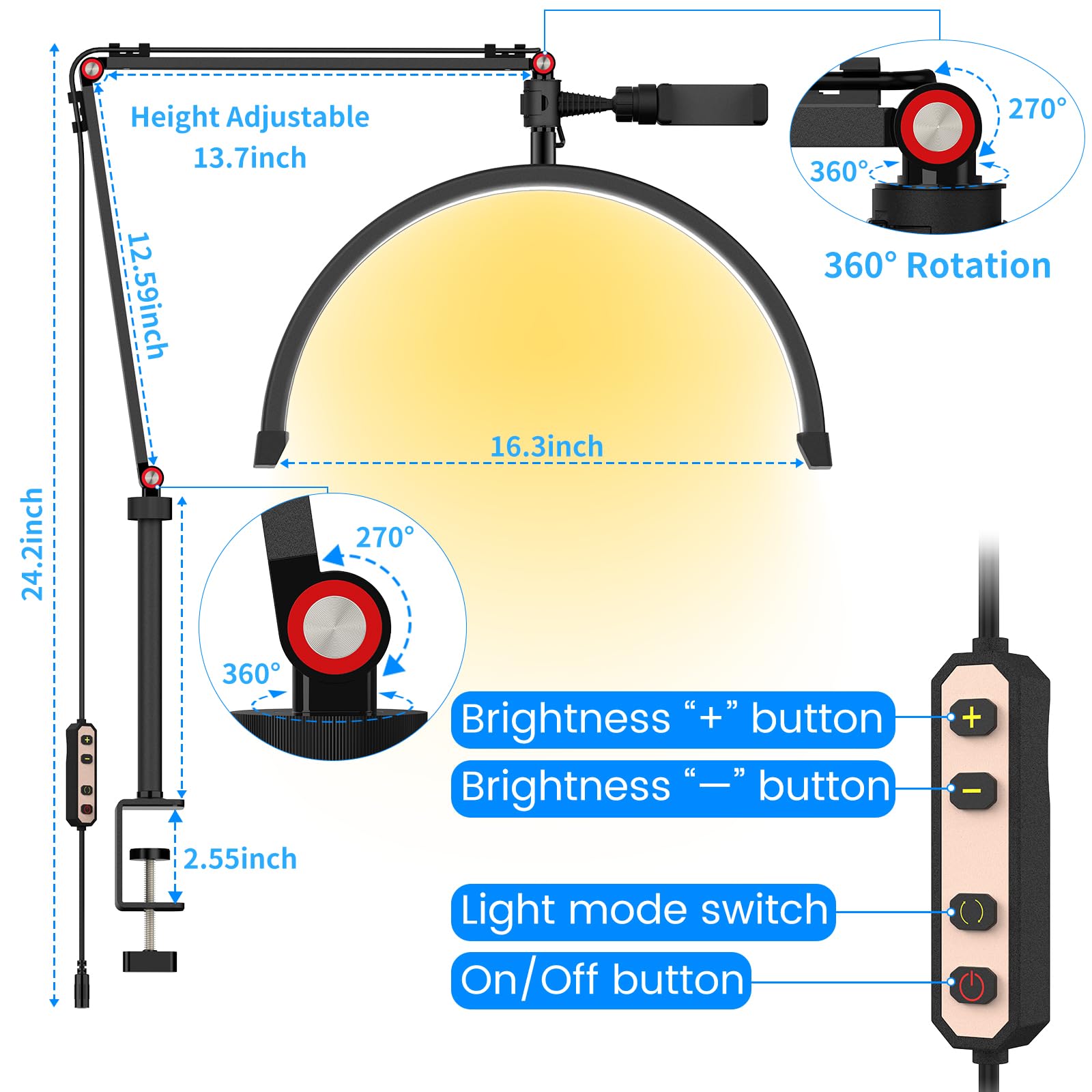 TwoWin Lash Light for Eyelash Extensions, Half Moon LED Lash Light Lamp for Tattoo Lighting, Lashes, Nail Tech, Esthetician Light with Phone Holder, Adjustable Brightness & Height