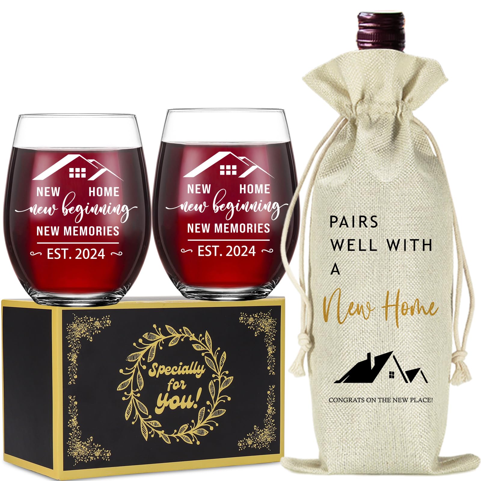 House Warming Gifts New Home, Housewarming gifts for New House, New Home Gifts for Home, Housewarming gift Stemless Wine Glass & Bottle Gift Bag Set for Newlywed Couple, Friends (2 Glasses, 1 Bag)