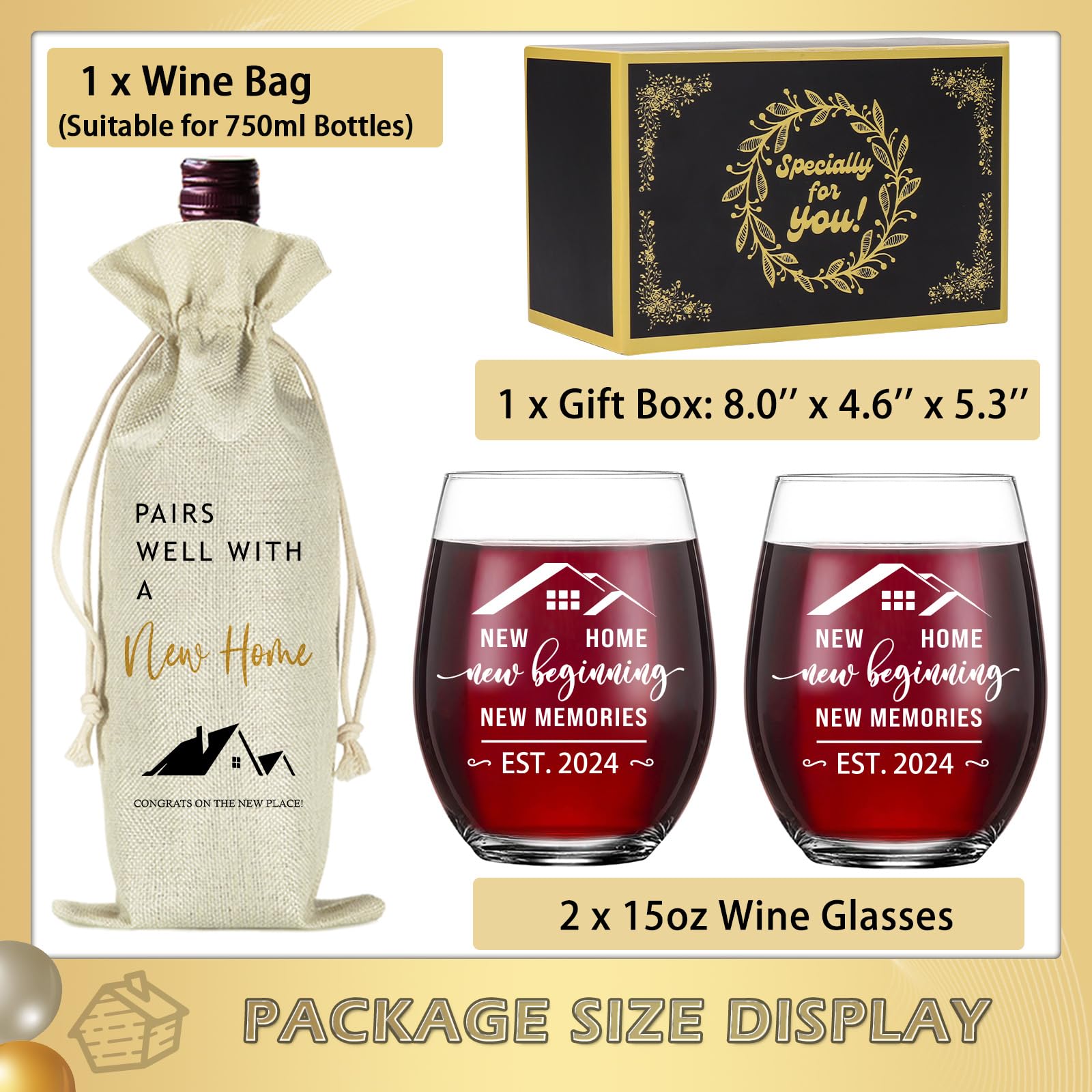 House Warming Gifts New Home, Housewarming gifts for New House, New Home Gifts for Home, Housewarming gift Stemless Wine Glass & Bottle Gift Bag Set for Newlywed Couple, Friends (2 Glasses, 1 Bag)