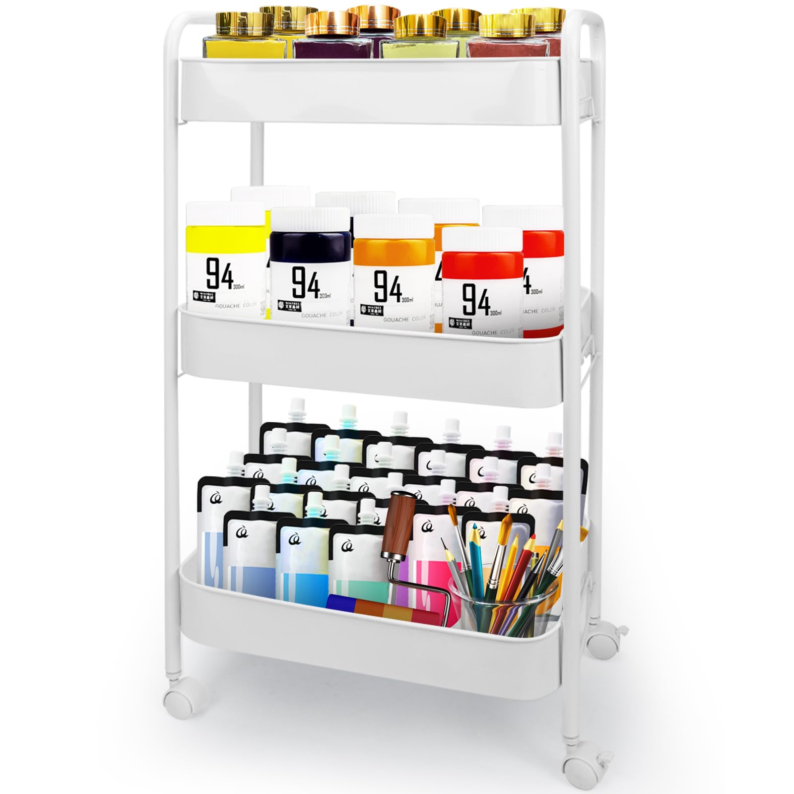 3-Tier Metal Rolling Utility Cart,Rolling Storage Organizer cart with Wheels, White