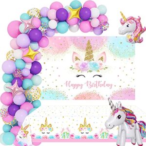 unicorn birthday party decorations girls, 142pcs unicorn birthday party supplies including unicorn backdrop, unicorn balloon arch/ garland kit, unicorn tabblecloth