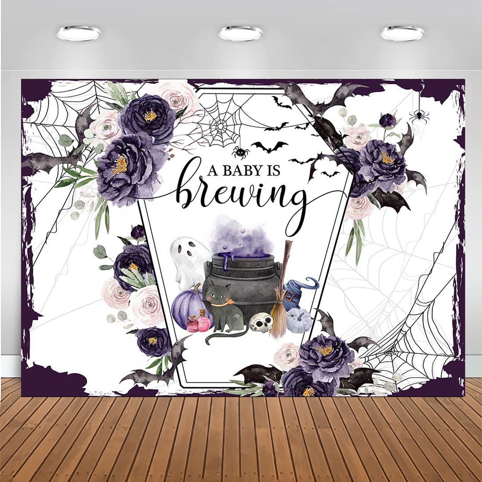 Mocsicka Halloween Baby Shower Backdrop A Baby is Brewing Baby Shower Party Decoartion Watercolor Flower Coffin Vampire Bat Baby Sprinkle Banner (Purple, 7x5ft(82''x60''))