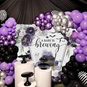 Mocsicka Halloween Baby Shower Backdrop A Baby is Brewing Baby Shower Party Decoartion Watercolor Flower Coffin Vampire Bat Baby Sprinkle Banner (Purple, 7x5ft(82''x60''))