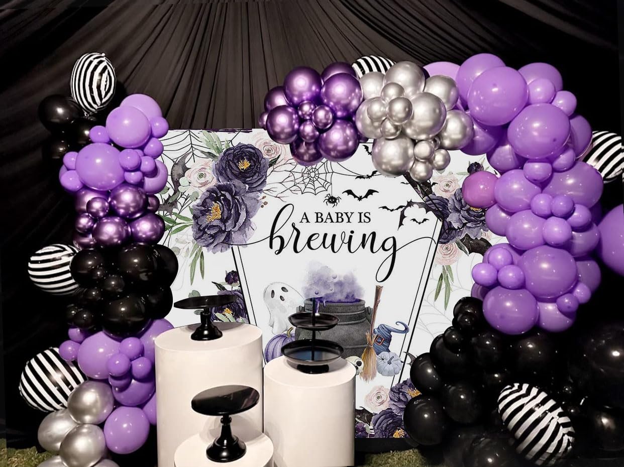 Mocsicka Halloween Baby Shower Backdrop A Baby is Brewing Baby Shower Party Decoartion Watercolor Flower Coffin Vampire Bat Baby Sprinkle Banner (Purple, 7x5ft(82''x60''))