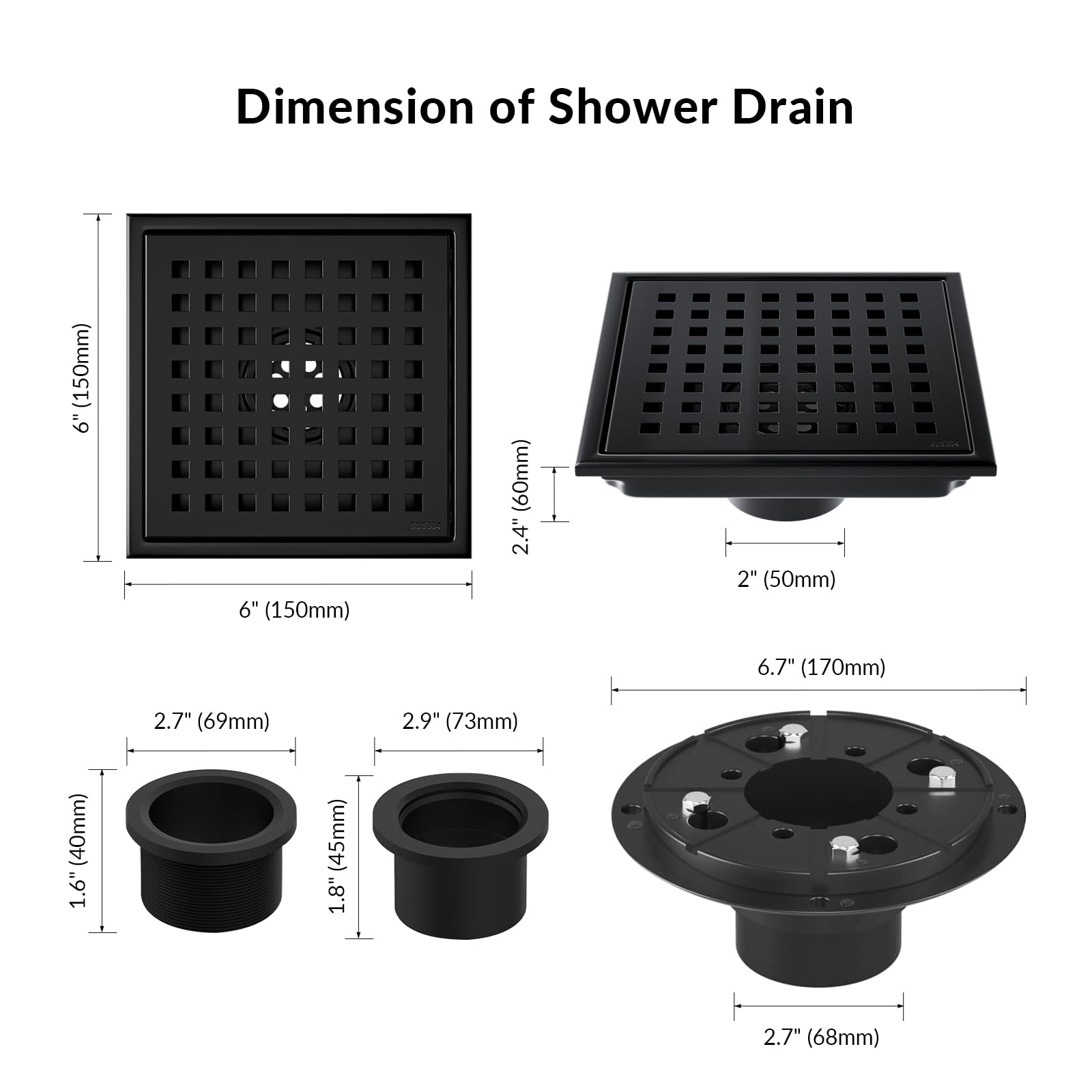 Merranox 6 Inch Square Shower Drain, Black Shower Drain with Flange, Stainless Steel High Flow Shower Drain kit, Floor Drain with Removable Grid Cover