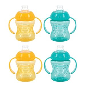 nuby two-handle no-spill super spout grip n' sip cup, 4 count, yellow/aqua