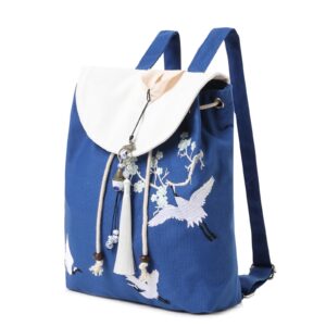 MAZEXY Embroidered Backpack for Travel Shopping Wedding With Pendant and Tassels (Crane)