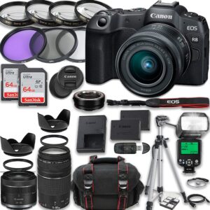 canon eos r8 mirrorless camera rf 24-50mm f/4.5-6.3 is stm lens + ef 75-300mm iii lens + accessories included: 2x 64gb memory cards, ttl flash, extra battery, case, tripod & more (renewed)