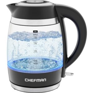 chefman electric kettle, 1.8l 1500w, hot water boiler, removable lid for easy cleaning, auto shut off, boil-dry protection, stainless steel filter, bpa free, borosilicate glass electric tea kettle