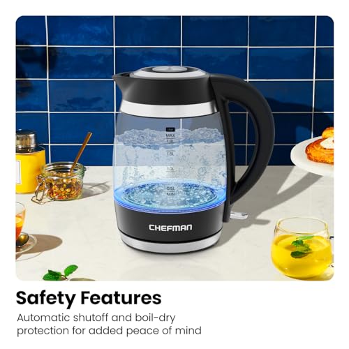 Chefman Electric Kettle, 1.8L 1500W, Hot Water Boiler, Removable Lid for Easy Cleaning, Auto Shut Off, Boil-Dry Protection, Stainless Steel Filter, BPA Free, Borosilicate Glass Electric Tea Kettle