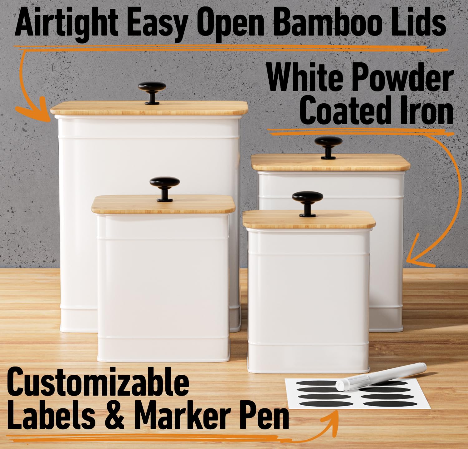 Kitchen Canisters for Countertop Set of 4 with Customizable Chalkboard Labels & Marker Pen - Big Iron Kitchen Canisters with Airtight Lids - Canisters Sets for the Kitchen - White Kitchen Canister Set