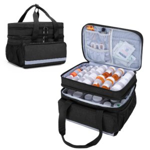 curmio double layers pill bottle organizer bag empty, medicine organizer storage case with lockable zippers, medication travel bag for prescription bottles, medical supplies, black (patent design)