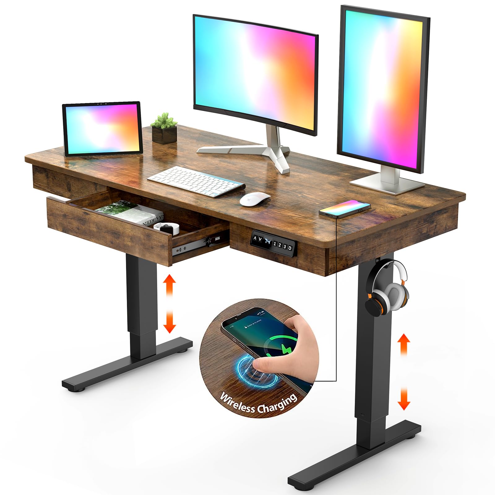 Yoimori Electric Standing Desk with Drawer,48 x 24 Inches Standing Desk Adjustable Height Desk with 12W Wireless Charging,One-Piece Wooden Desktop Sit Stand Up Desk, Memory Home Office Desks