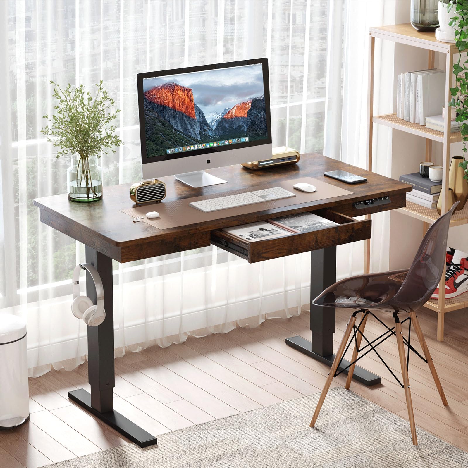 Yoimori Electric Standing Desk with Drawer,48 x 24 Inches Standing Desk Adjustable Height Desk with 12W Wireless Charging,One-Piece Wooden Desktop Sit Stand Up Desk, Memory Home Office Desks