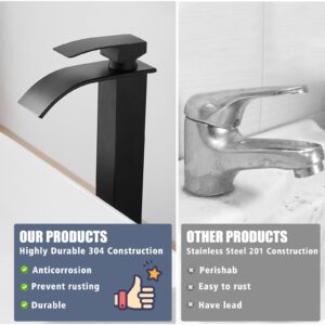 RUMOSE Tall Matte Black Bathroom Faucet Modern Single Handle 1 Hole Bathroom Vessel Sink Faucet Waterfall Spout Rv Lavatory Vanity Basin Faucet Deck Mount Mixer Tap, Stainless Steel