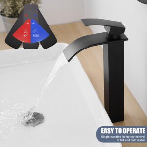 RUMOSE Tall Matte Black Bathroom Faucet Modern Single Handle 1 Hole Bathroom Vessel Sink Faucet Waterfall Spout Rv Lavatory Vanity Basin Faucet Deck Mount Mixer Tap, Stainless Steel